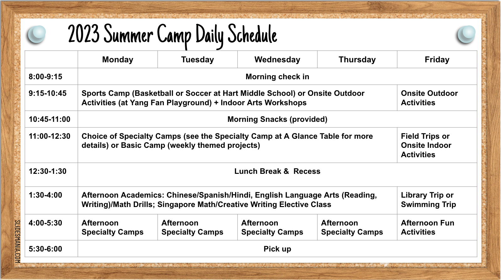 Yang Fan Summer Camp Schedule
